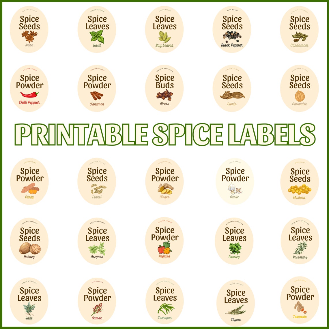 Printable Spice Labels | 25-piece Digital Oval Set for Jars and ...