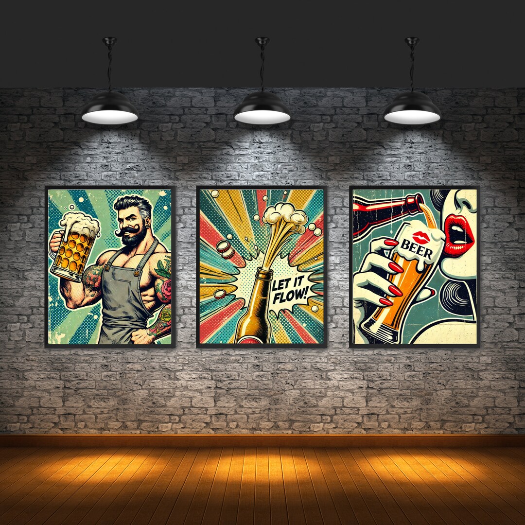 Set of 3 Retro Beer Posters – Fun, Pop Art-inspired Wall Décor for Bars ...