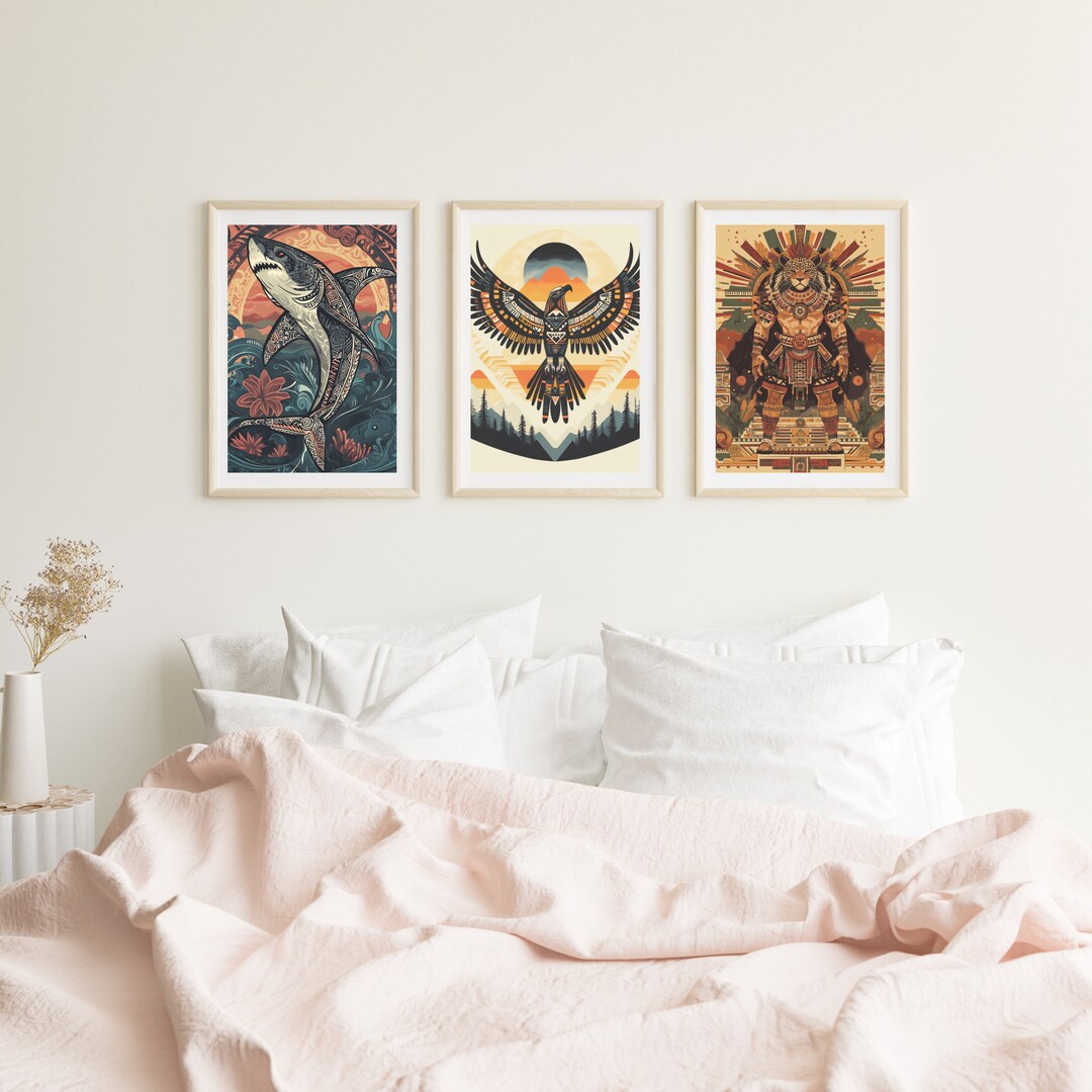 Set of 3 Tribal Wall Art Prints | Aztec Warrior, Eagle, and Shark ...
