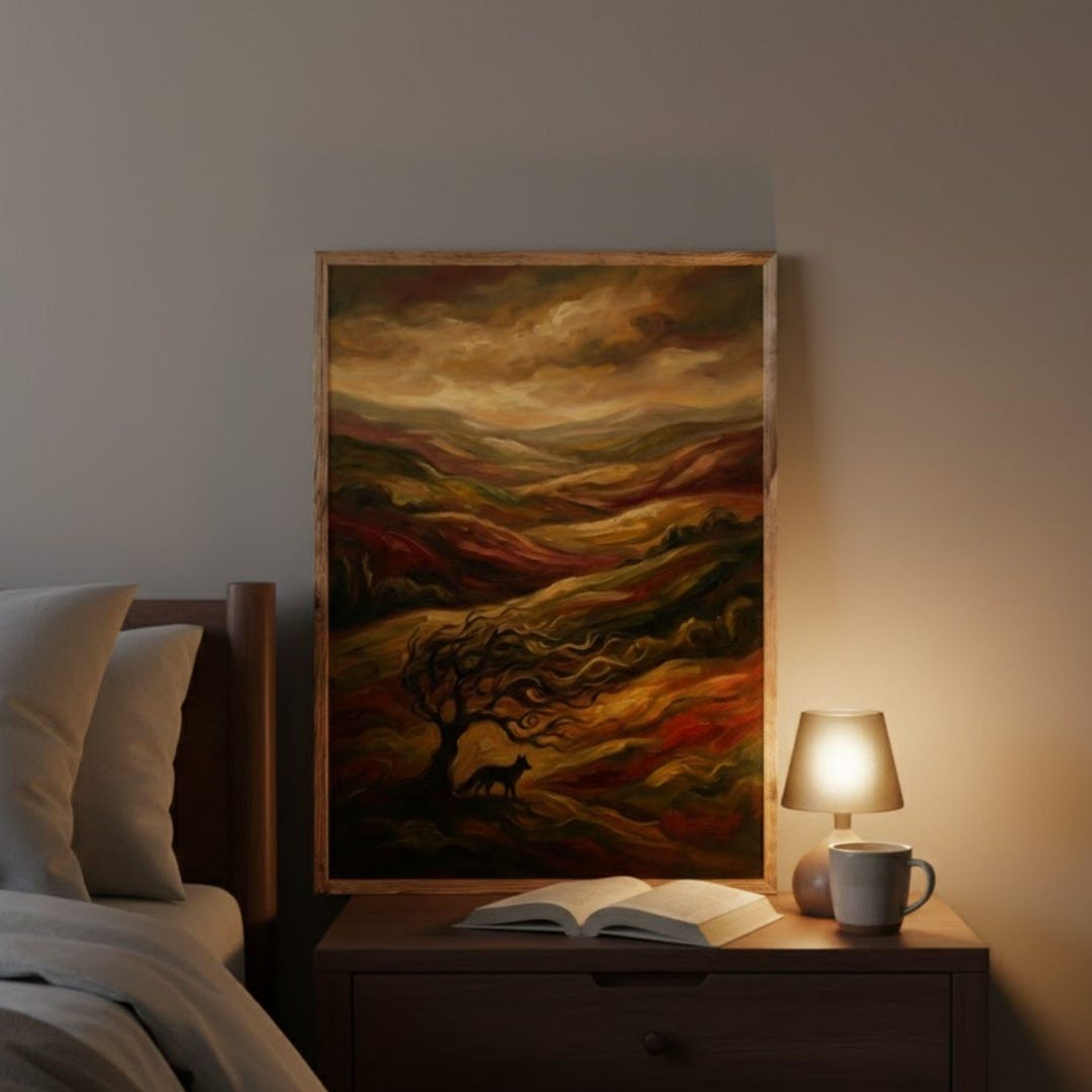 Lone Wolf Landscape Art Print – Moody Nature Painted Abstract Wall Art ...