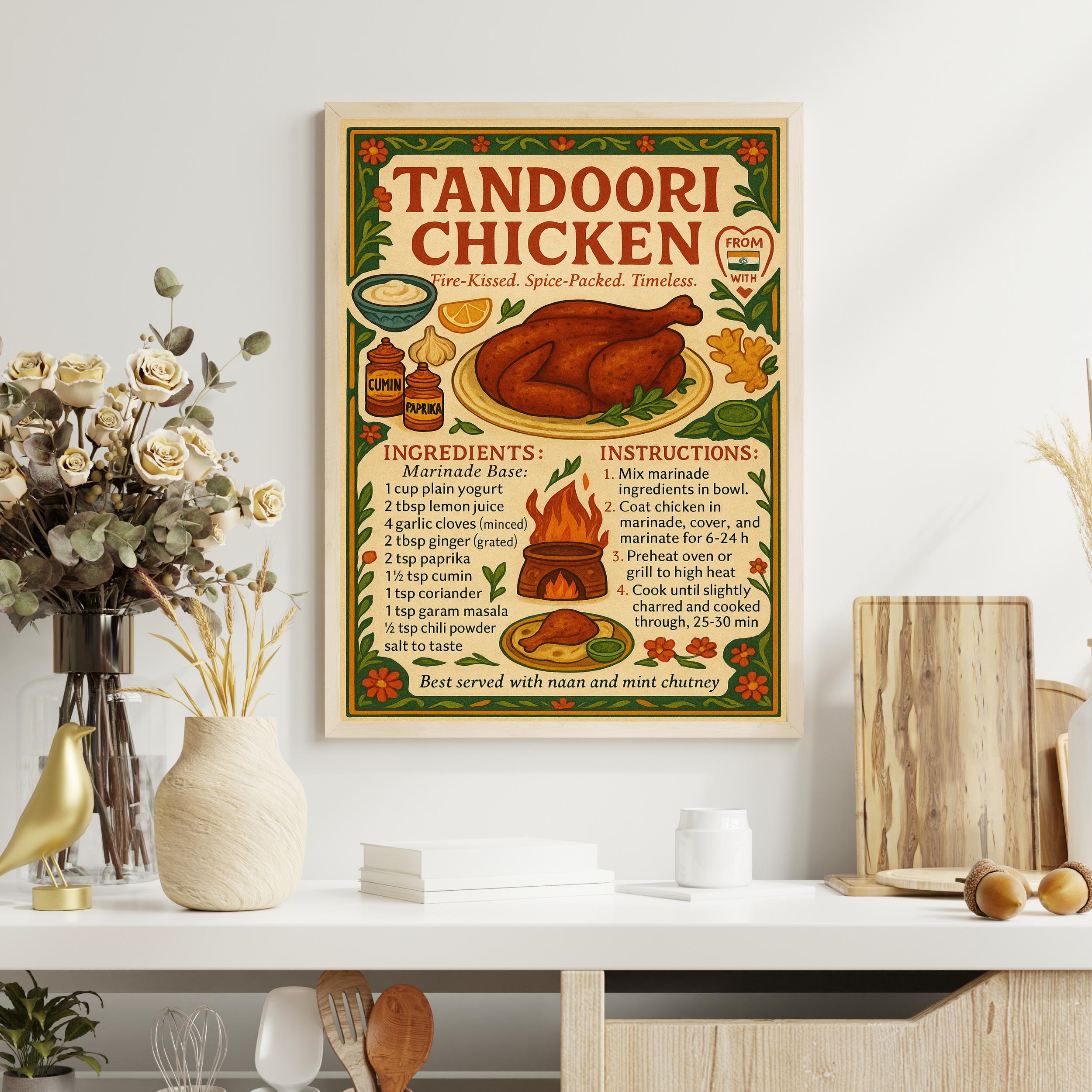 Tandoori Chicken Illustrated Recipe Poster | Indian Food Kitchen Wall ...