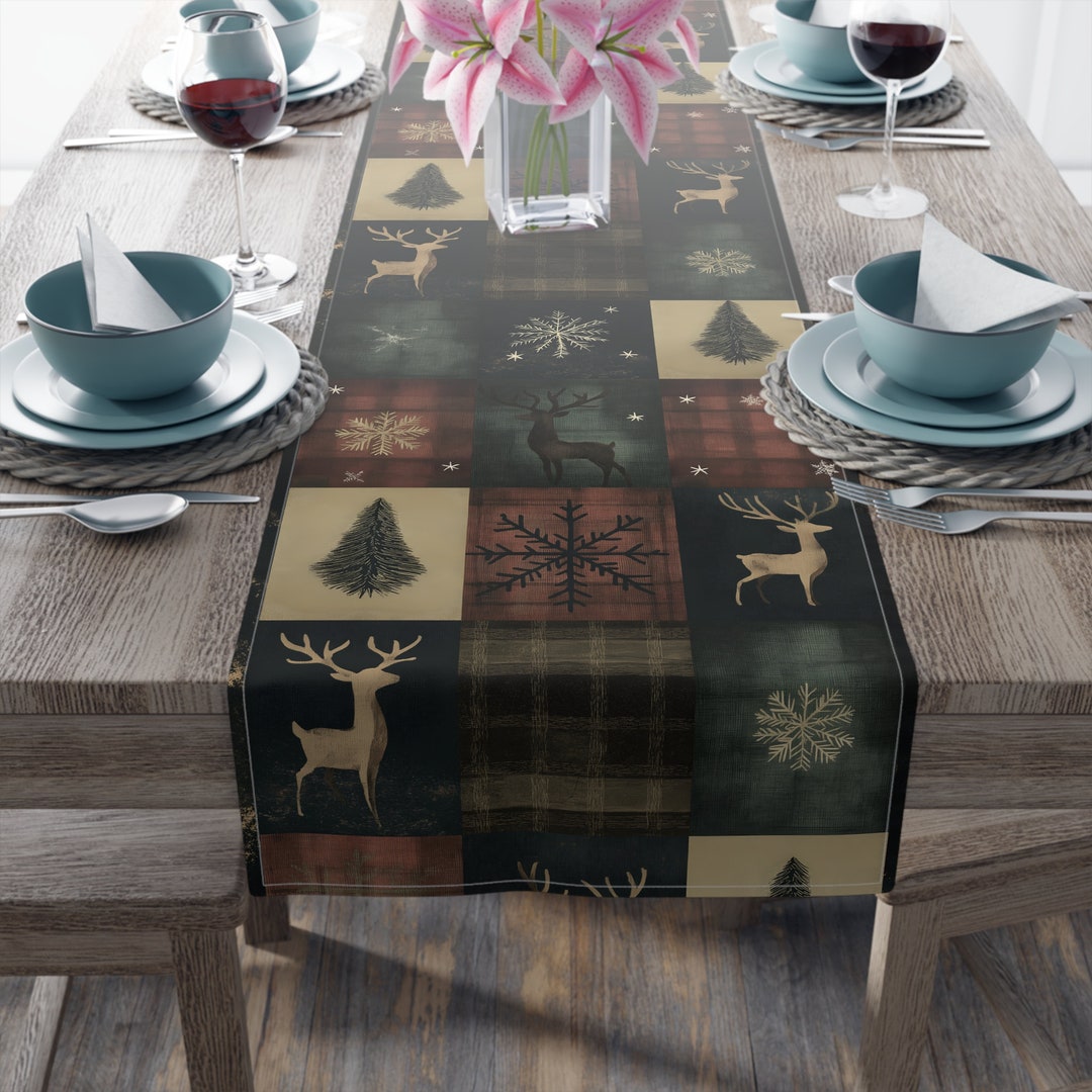 Rustic Winter Table Runner Reindeer and Snowflake Design Cotton Twill ...