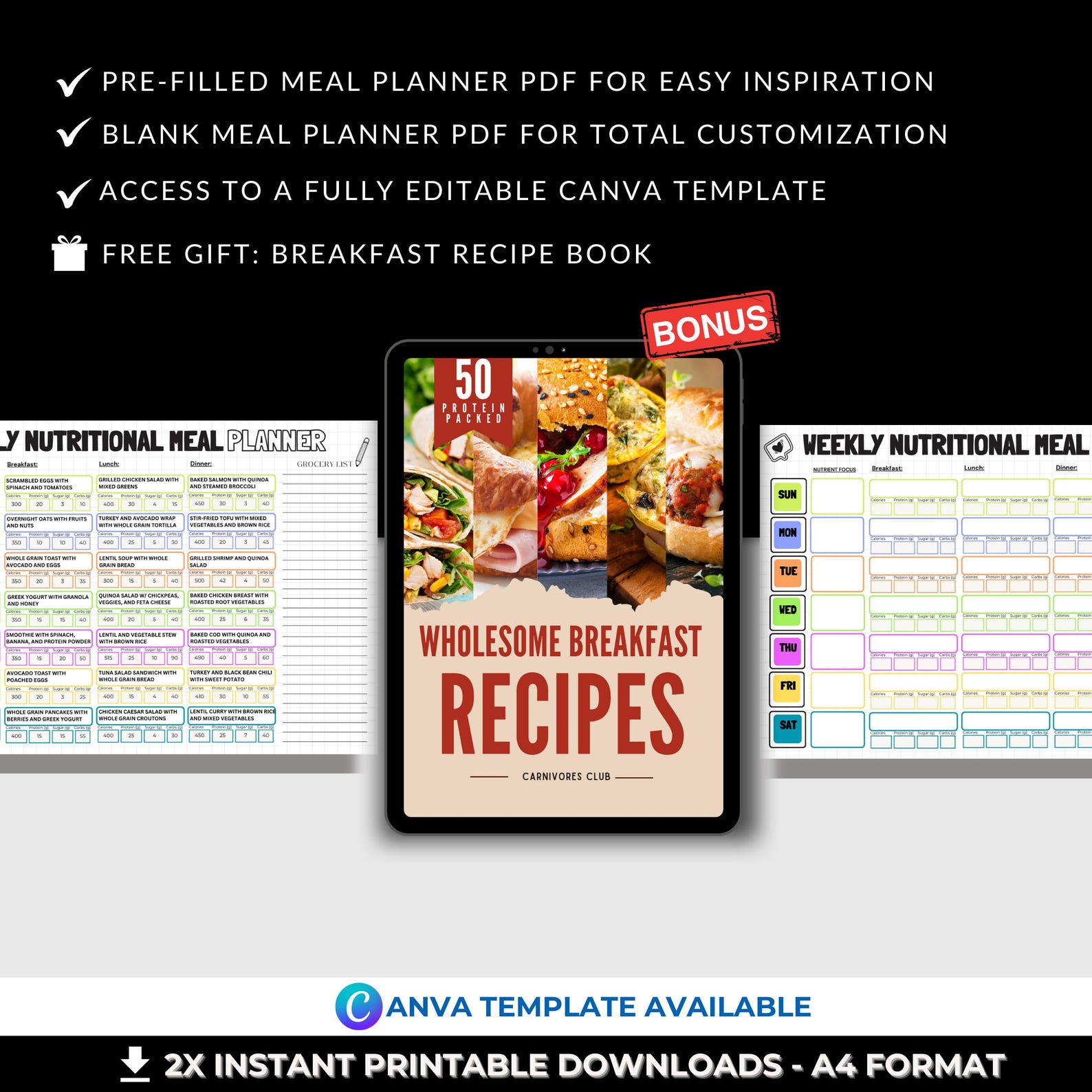Editable Meal Planner Template FREE 50 High-protein Breakfast Recipes ...
