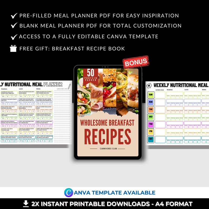 Editable Meal Planner Template + FREE 50 High-protein Breakfast Recipes ...
