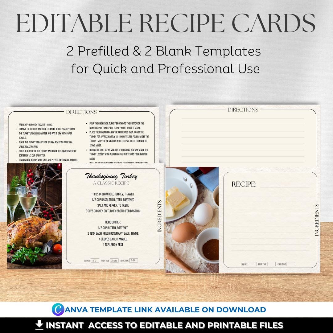Editable Minimalist Recipe Card Template Pack - 4x6 Canva Files for ...