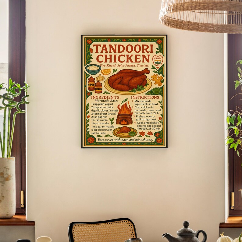 Tandoori Chicken Illustrated Recipe Poster | Indian Food Kitchen Wall ...
