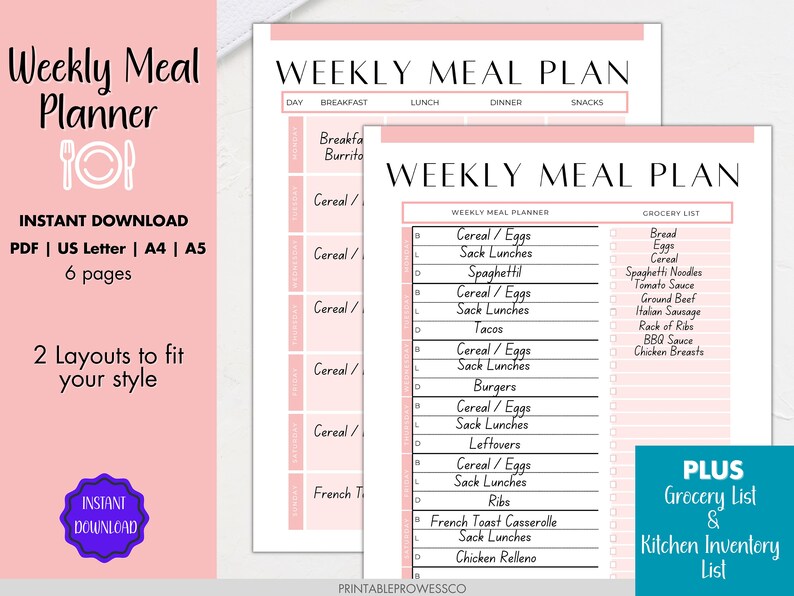 Meal Planner Printable, Weekly Meal Menu, Meal Tracker, Food Journal ...