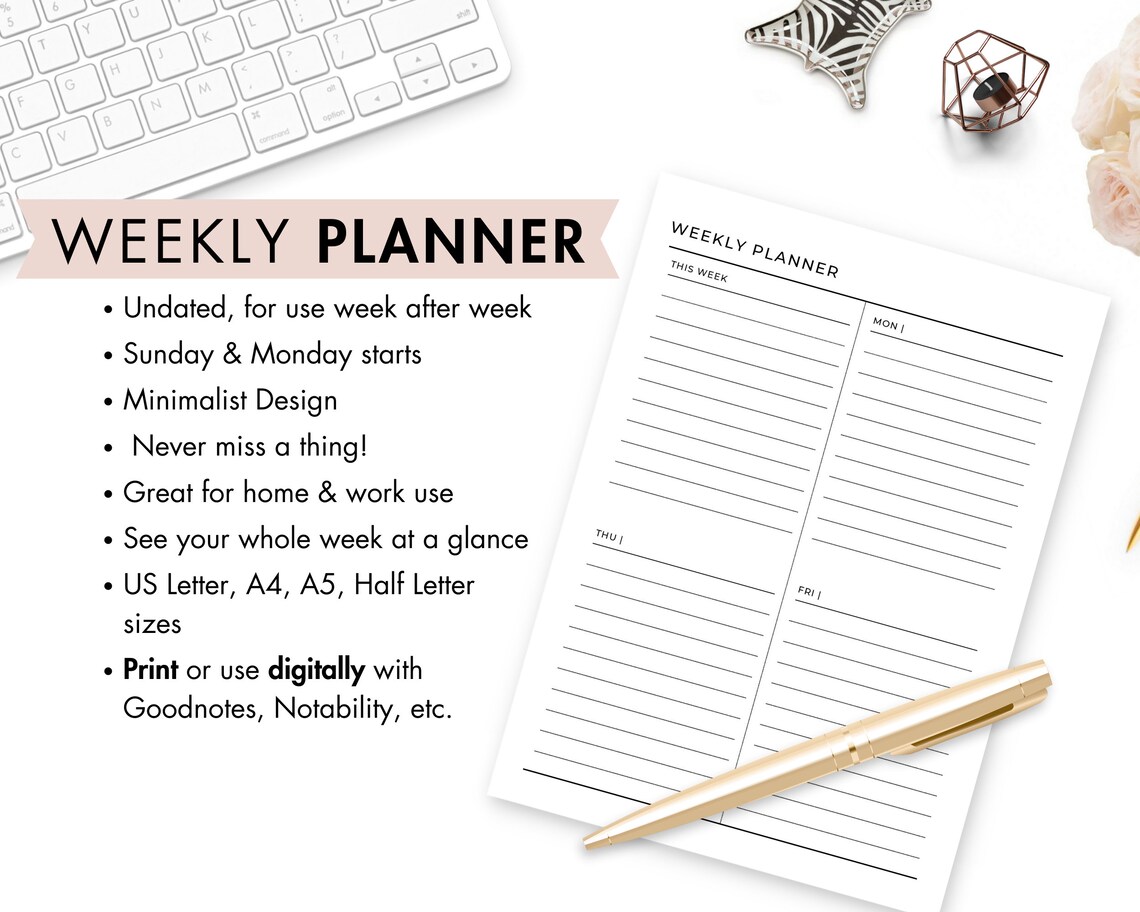 Weekly Planner Printable on 2 Pages, Horizontal, Minimalist, Sunday ...