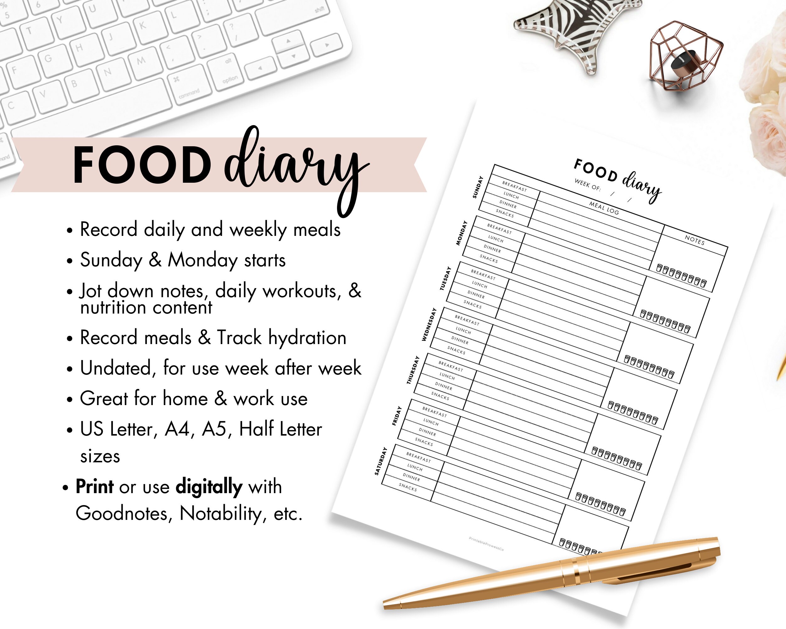 Daily Weekly Food Diary Printable | Food Journal | Meal Tracker ...