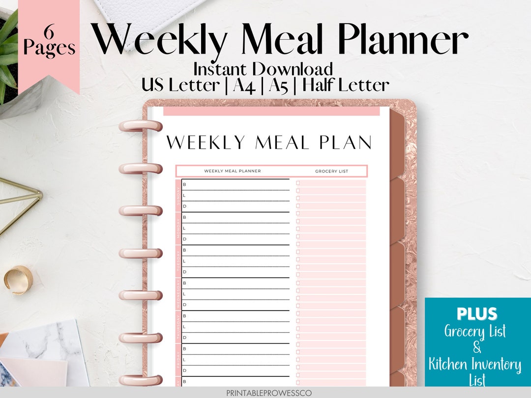 Meal Planner Printable, Weekly Meal Menu, Meal Tracker Food Journal ...