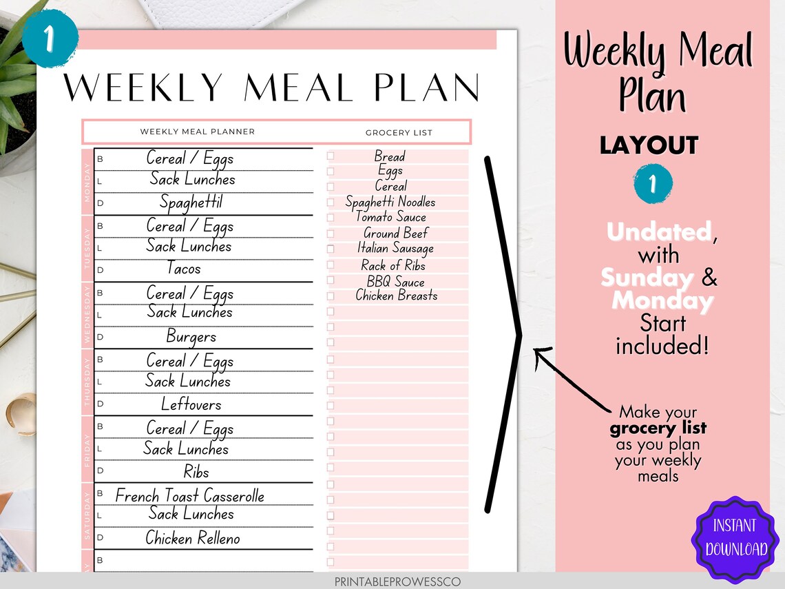 Meal Planner Printable, Weekly Meal Menu, Meal Tracker Food Journal ...