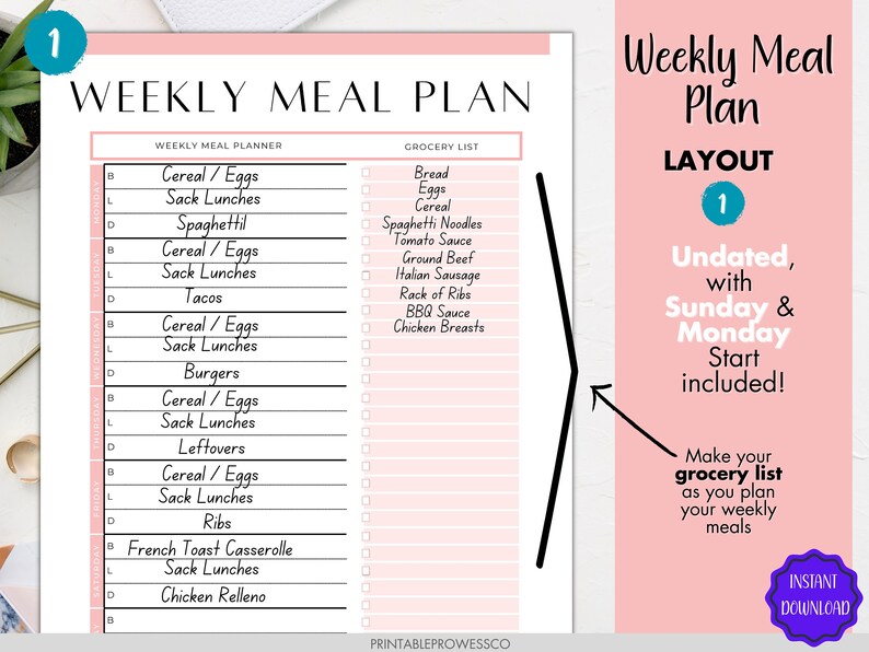 Meal Planner Printable, Weekly Meal Menu, Meal Tracker Food Journal ...