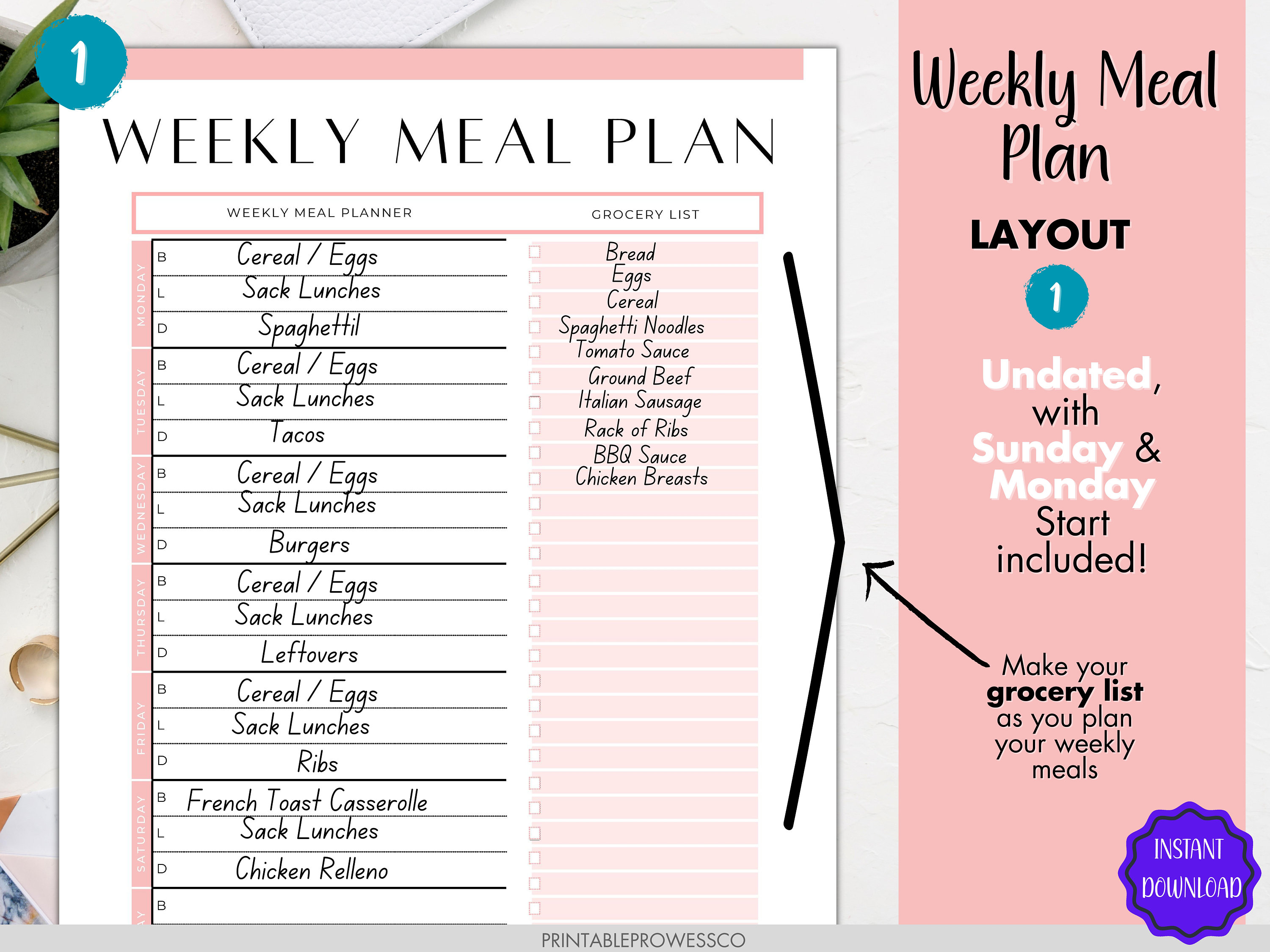Meal Planner Printable, Weekly Meal Menu, Meal Tracker Food Journal ...