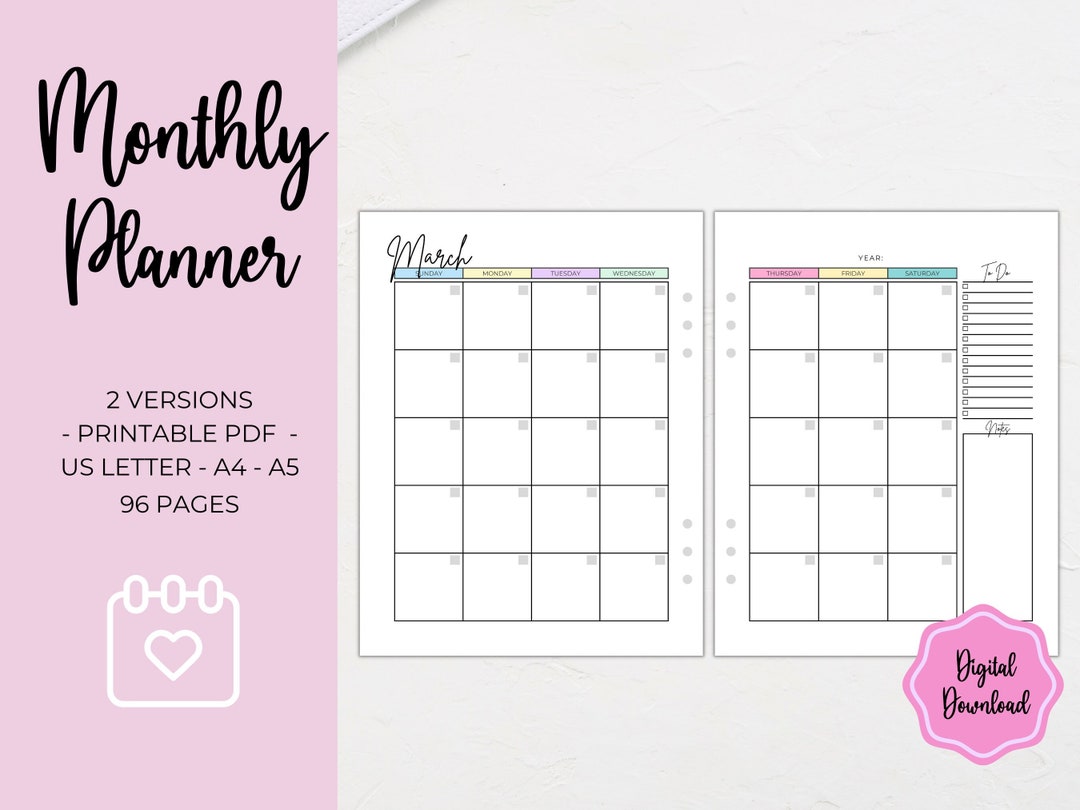 Monthly Planner Undated Month on Two Pages Monthly Calendar Journal PDF ...