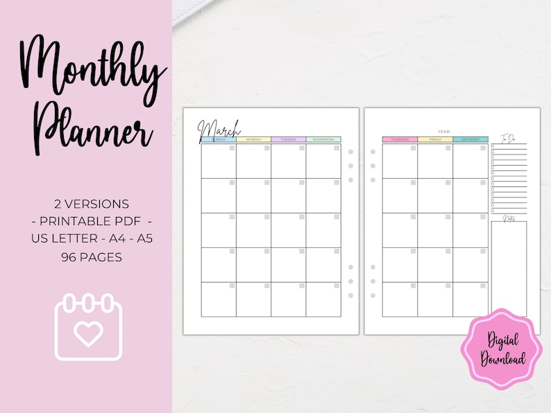 Monthly Planner Printable | Month on Two Pages | MO2P | Undated ...