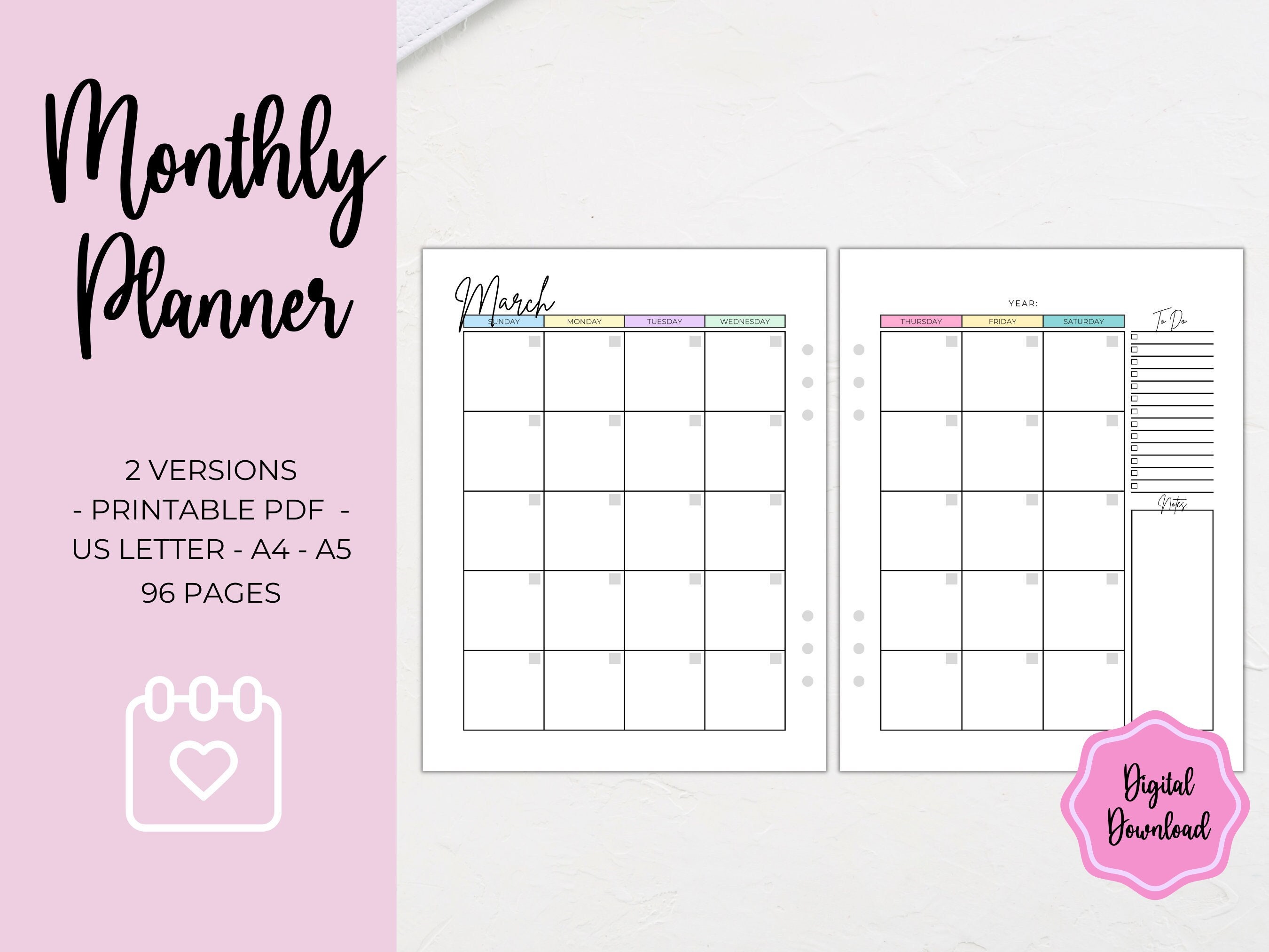 Monthly Planner Undated Month on Two Pages Monthly Calendar Journal PDF ...