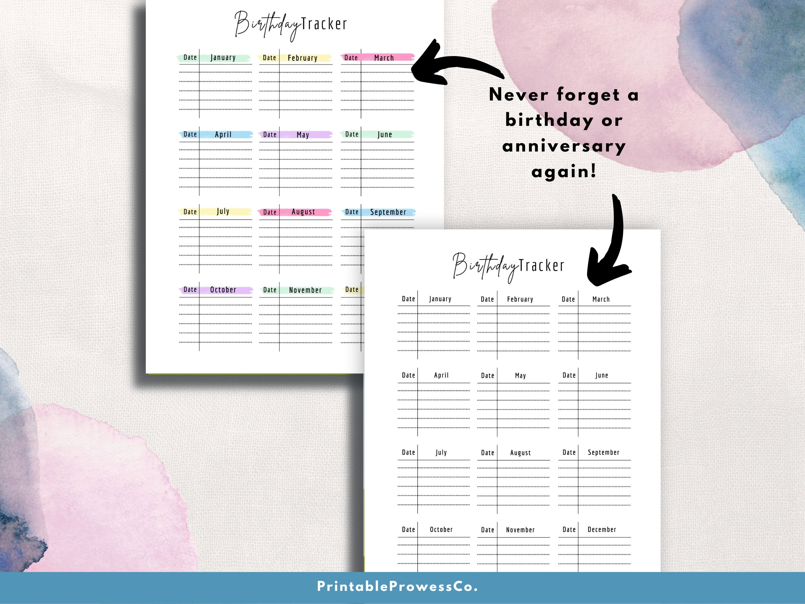Birthday Tracker Birthday Log Anniversary Calendar Rainbow, Minimal ...