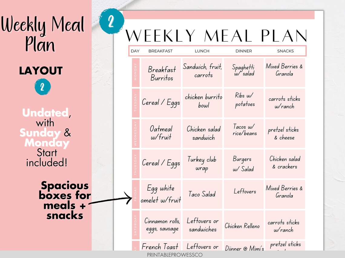Meal Planner Printable, Weekly Meal Menu, Meal Tracker Food Journal ...