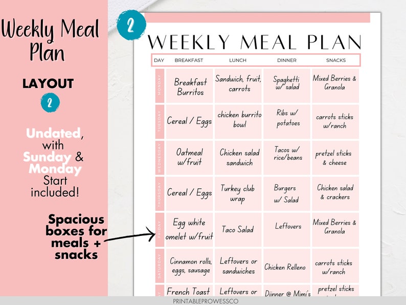 Meal Planner Printable, Weekly Meal Menu, Meal Tracker Food Journal ...