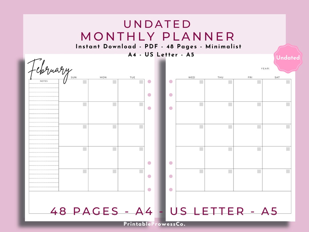 Monthly Planner Undated Month on Two Pages Printable Monthly Calendar ...