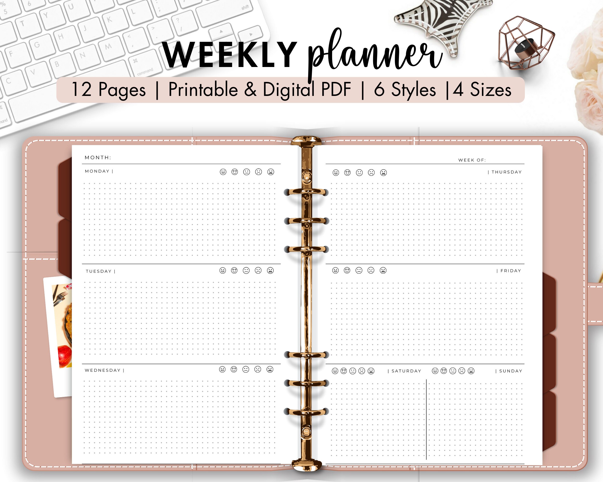 Printable Weekly Planner on 2 Pages, Moods Tracker, Dot Grids, Plain ...