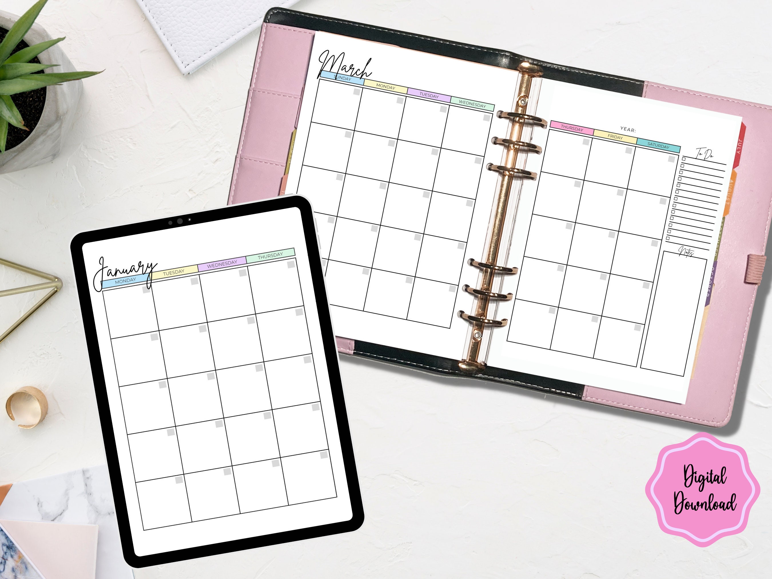 Monthly Planner Undated Month on Two Pages Monthly Calendar Journal PDF ...