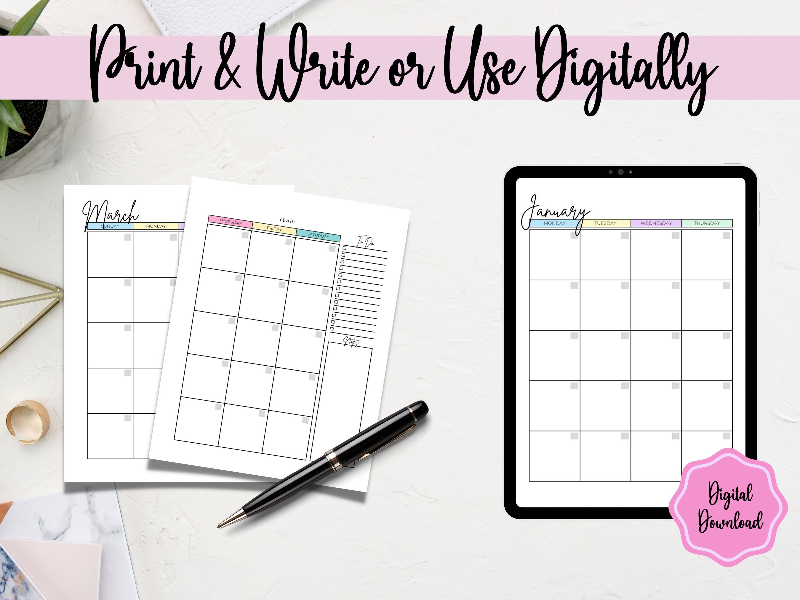 Monthly Planner Undated Month on Two Pages Monthly Calendar Journal PDF ...