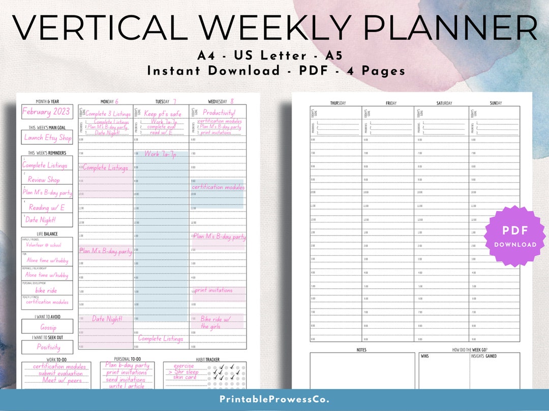 Vertical Weekly Planner Hourly Schedule Weekly Schedule to - Etsy