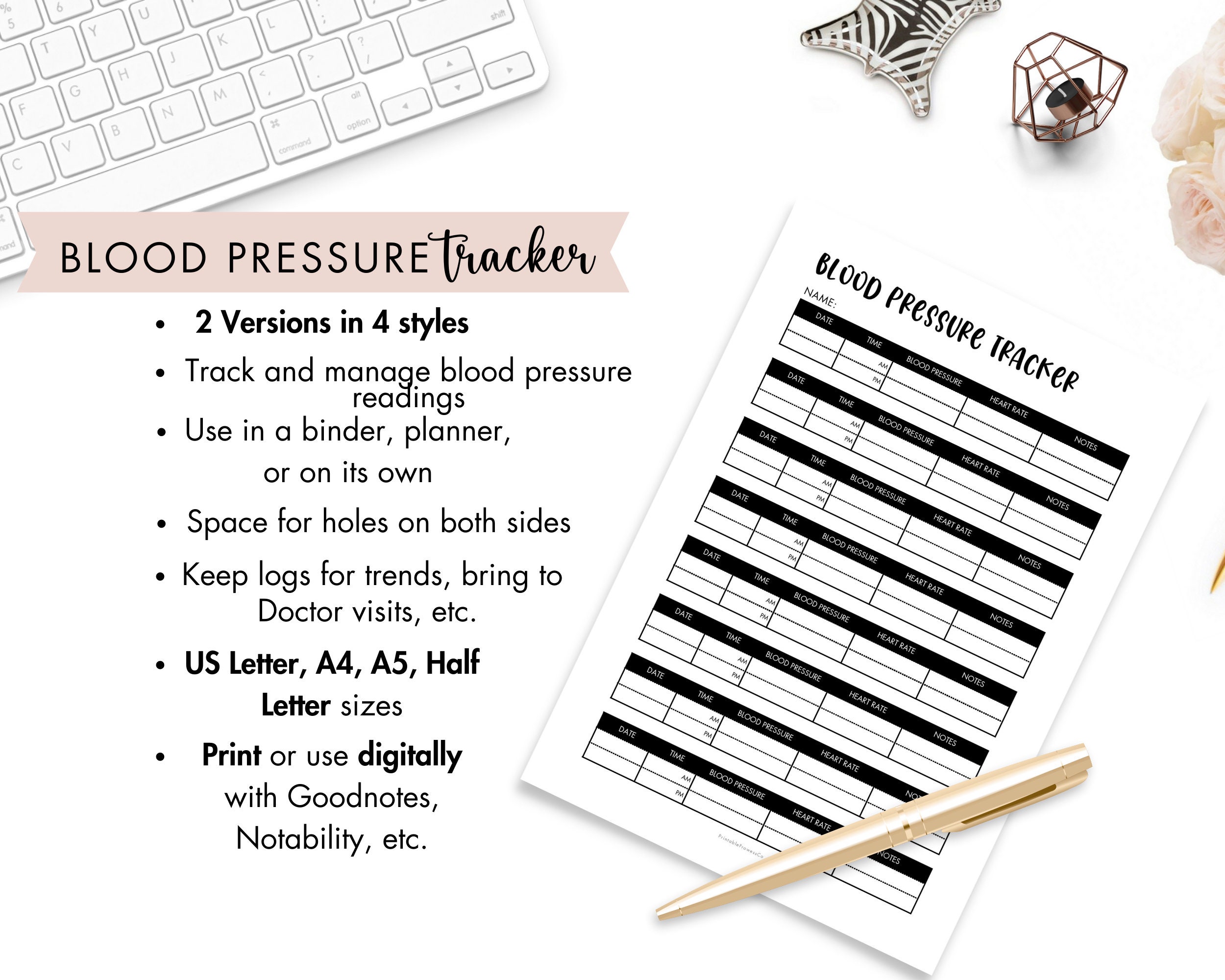 Printable Blood Pressure Tracker, Blood Pressure Log Book, High Blood ...