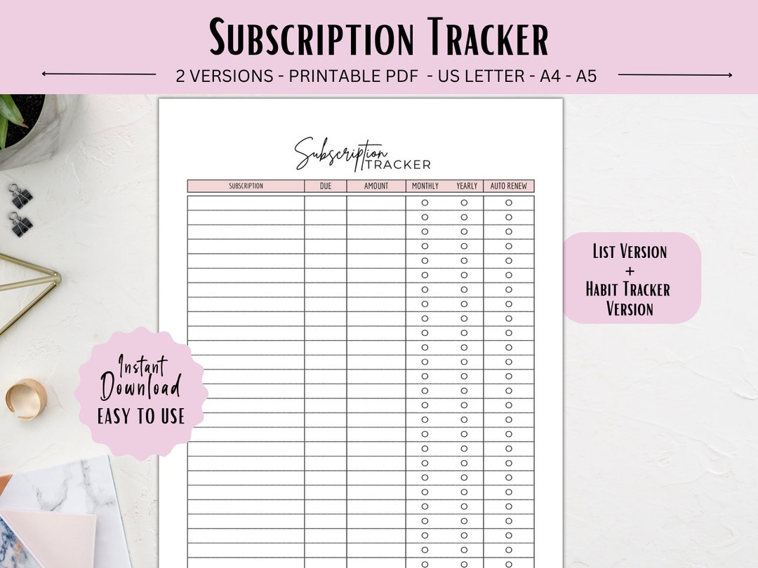 Subscription Membership Tracker Printable, Expense Tracker, Budget ...