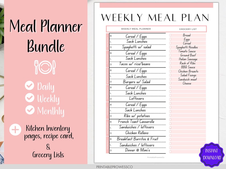 Meal Planner Printable, Monthly Weekly Food Diary, Meal Tracker, Food ...