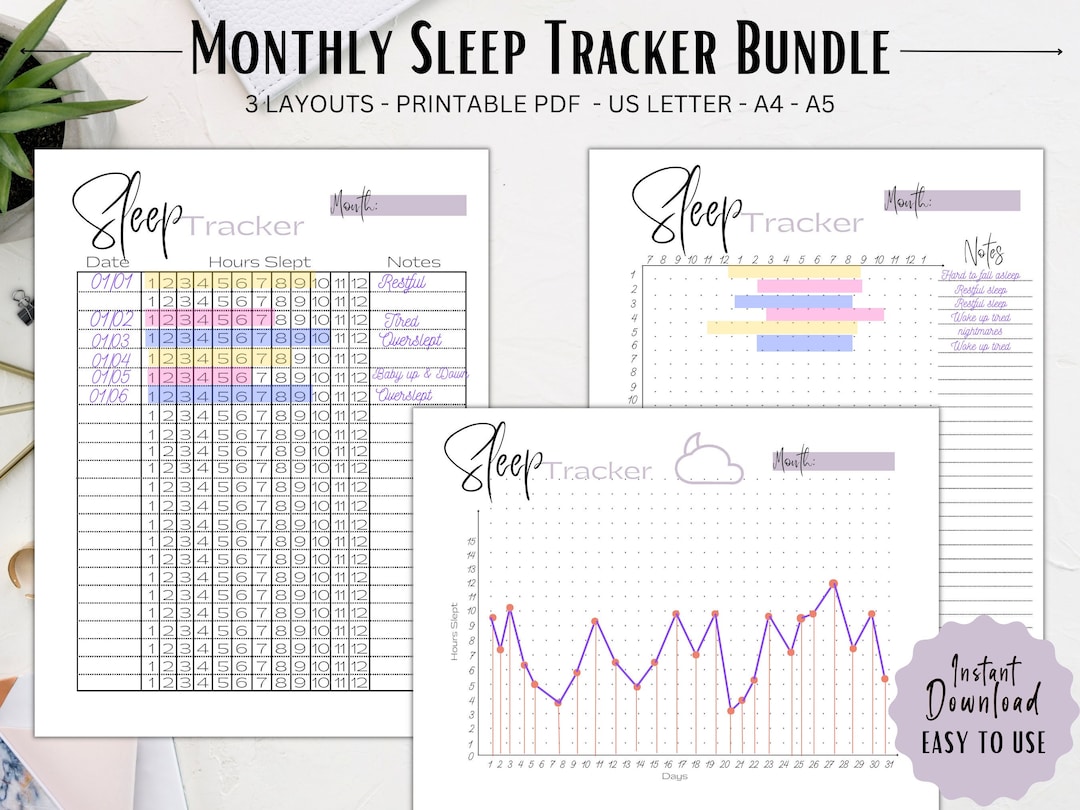 Sleep Tracker Printable Bundle Monthly Sleep Journal, Sleep Log, Sleep ...