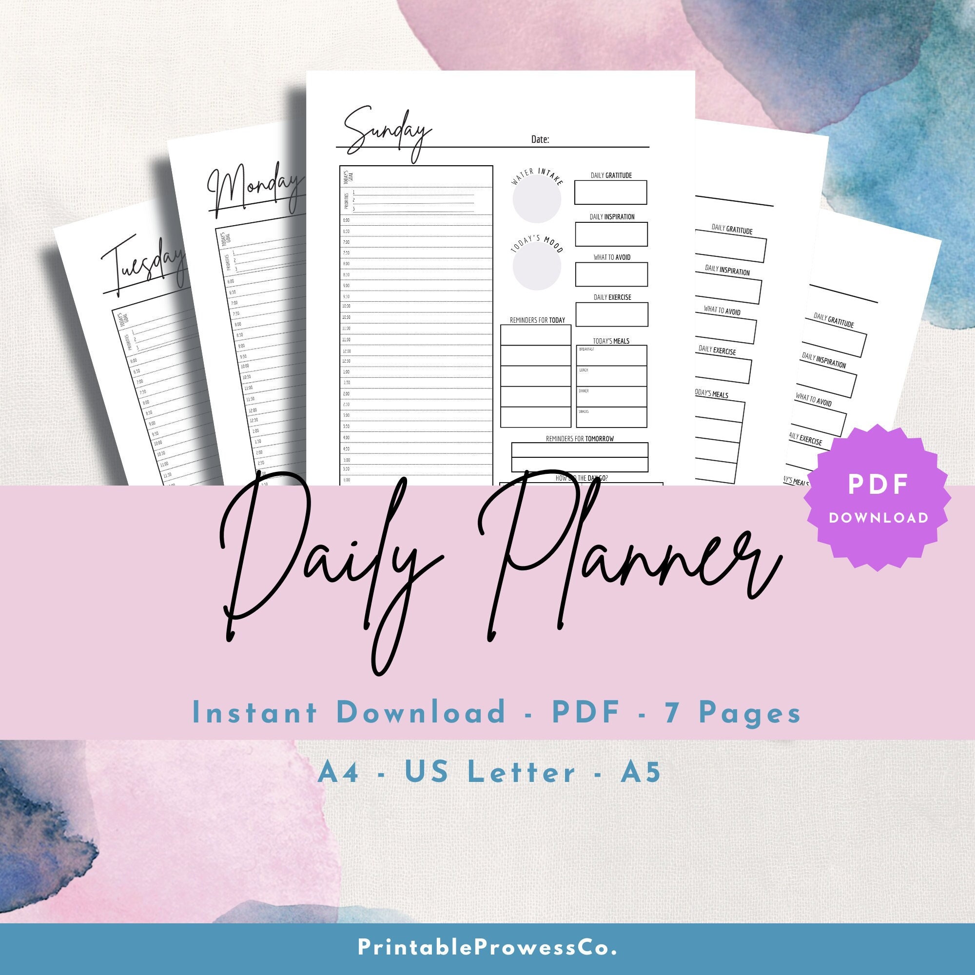Daily Planner Printable Day Planner Daily Work Planner Hourly Planner ...
