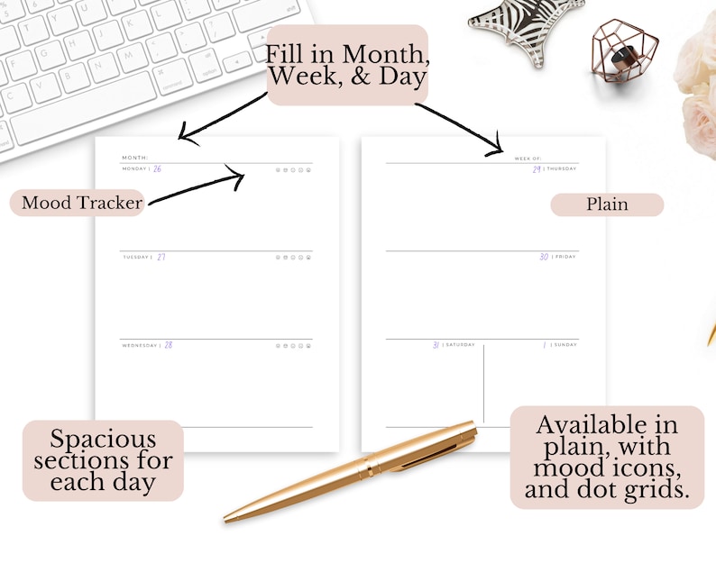 Printable Weekly Planner on 2 Pages, Moods Tracker, Dot Grids, Plain ...