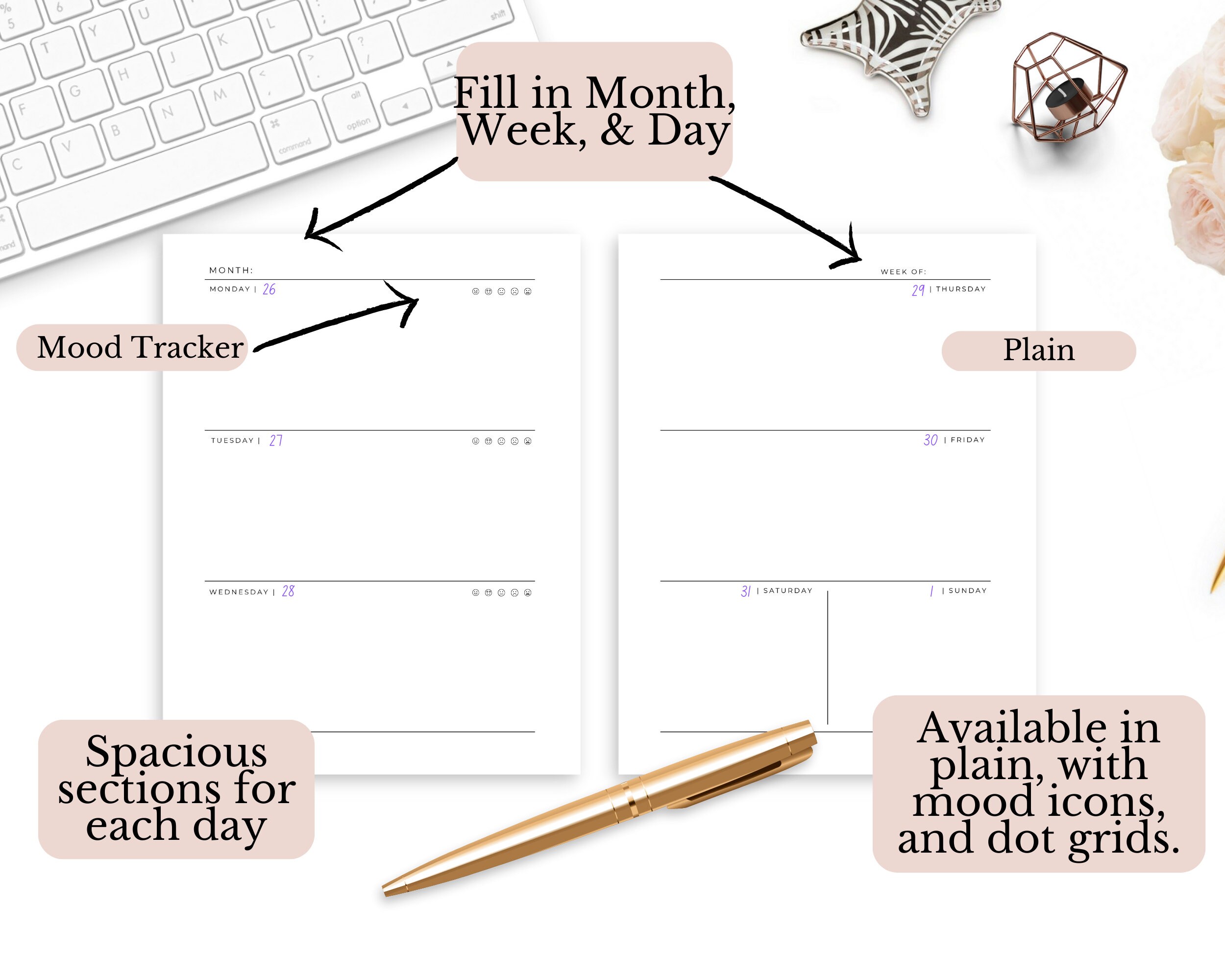 Printable Weekly Planner on 2 Pages, Moods Tracker, Dot Grids, Plain ...