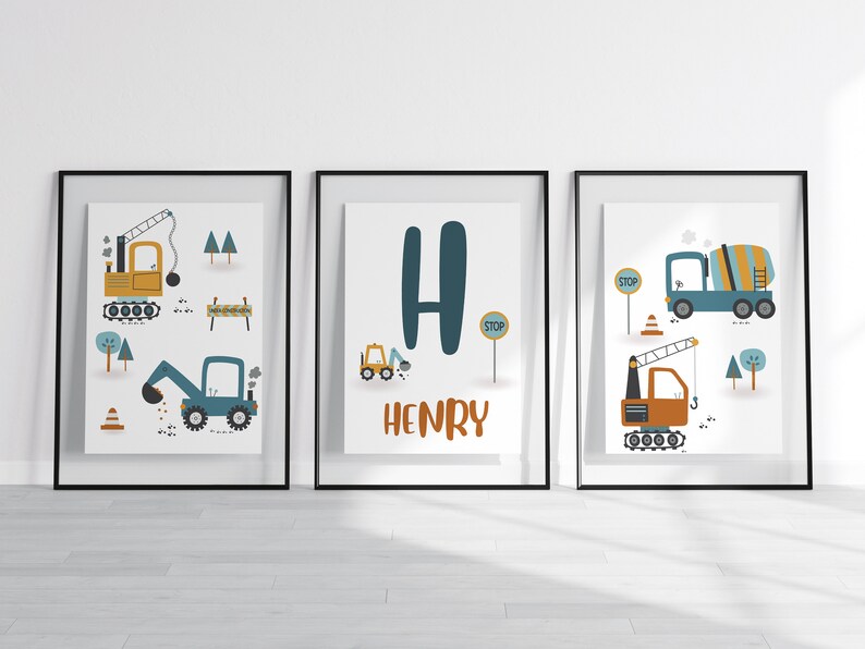 Set of 3 Custom Construction Prints,personalized Name Sign for Nursery ...