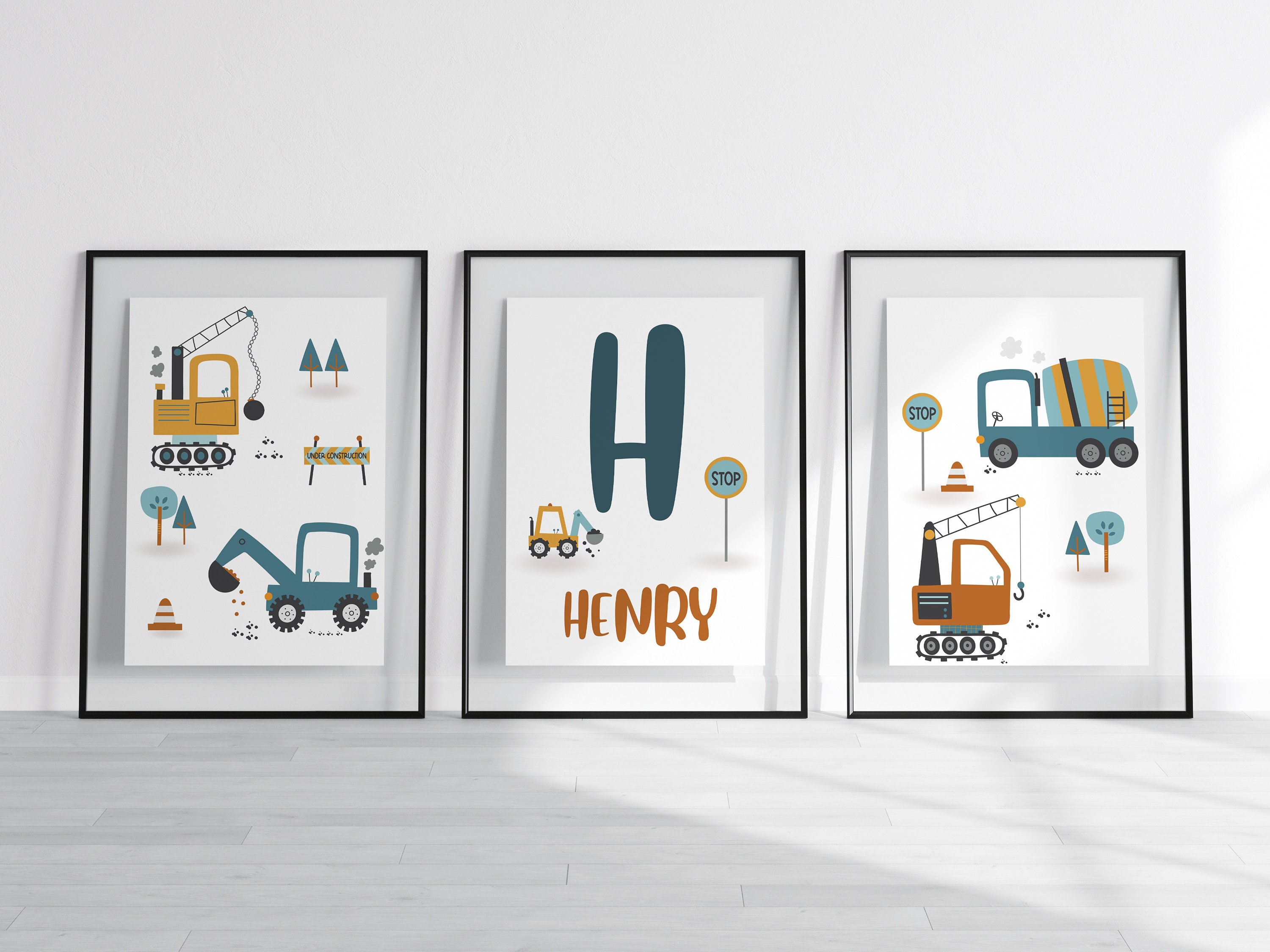Set of 3 Custom Construction Prints,personalized Name Sign for Nursery ...