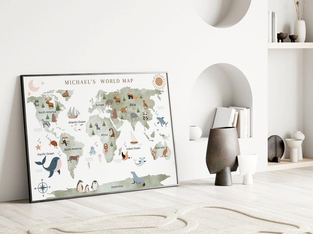 Custom Animal World Map,custom Map Art,kids World Map,world Map Poster ...