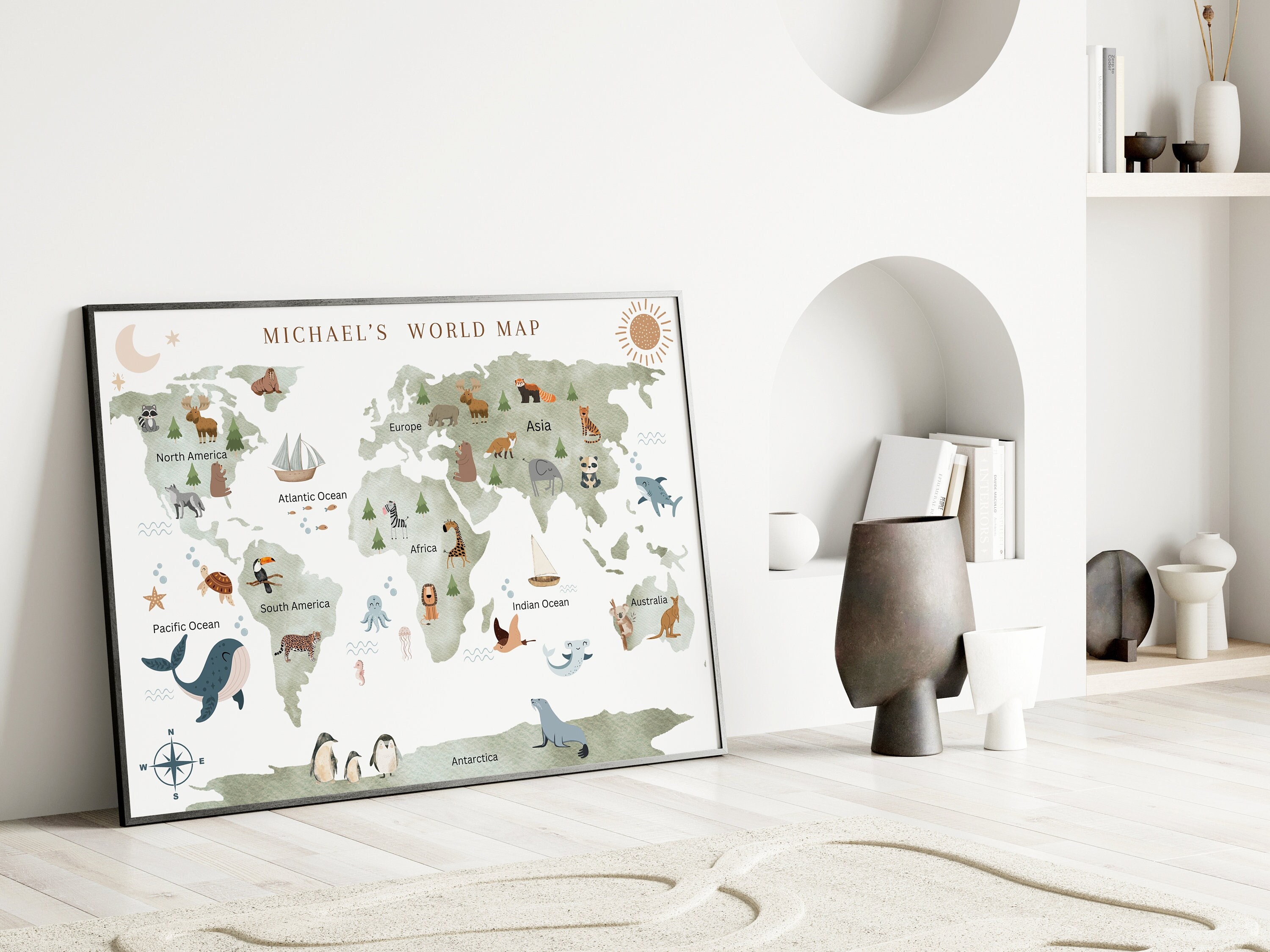 Custom Animal World Map,custom Map Art,kids World Map,world Map Poster ...