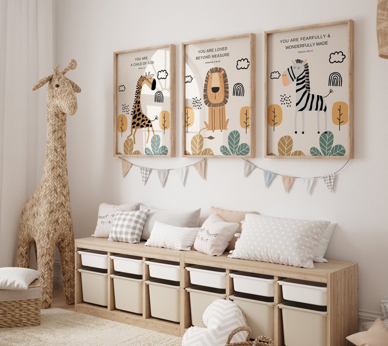 Set of 3 Christian Nursery Decor,bible Verse Wall Art,safari Animal ...