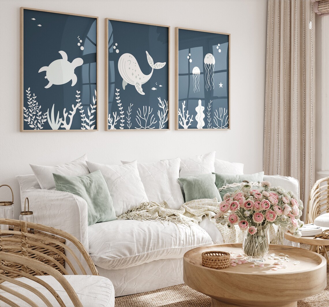 Set of 3 Ocean Prints,ocean Themed Nursery,nautical Nursery,whale ...