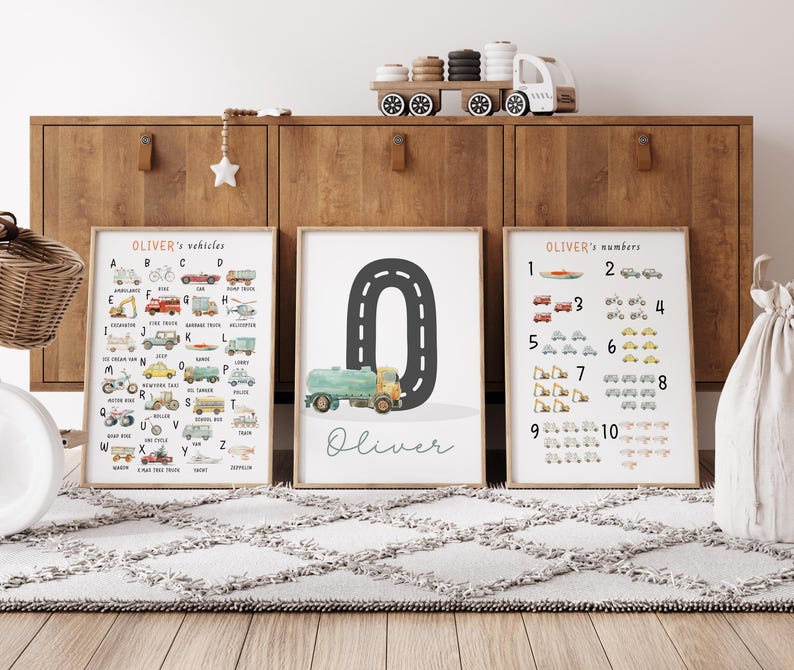 Set of 3 Personalized Vehicle Name Prints,baby Boy Name Sign,custom ...
