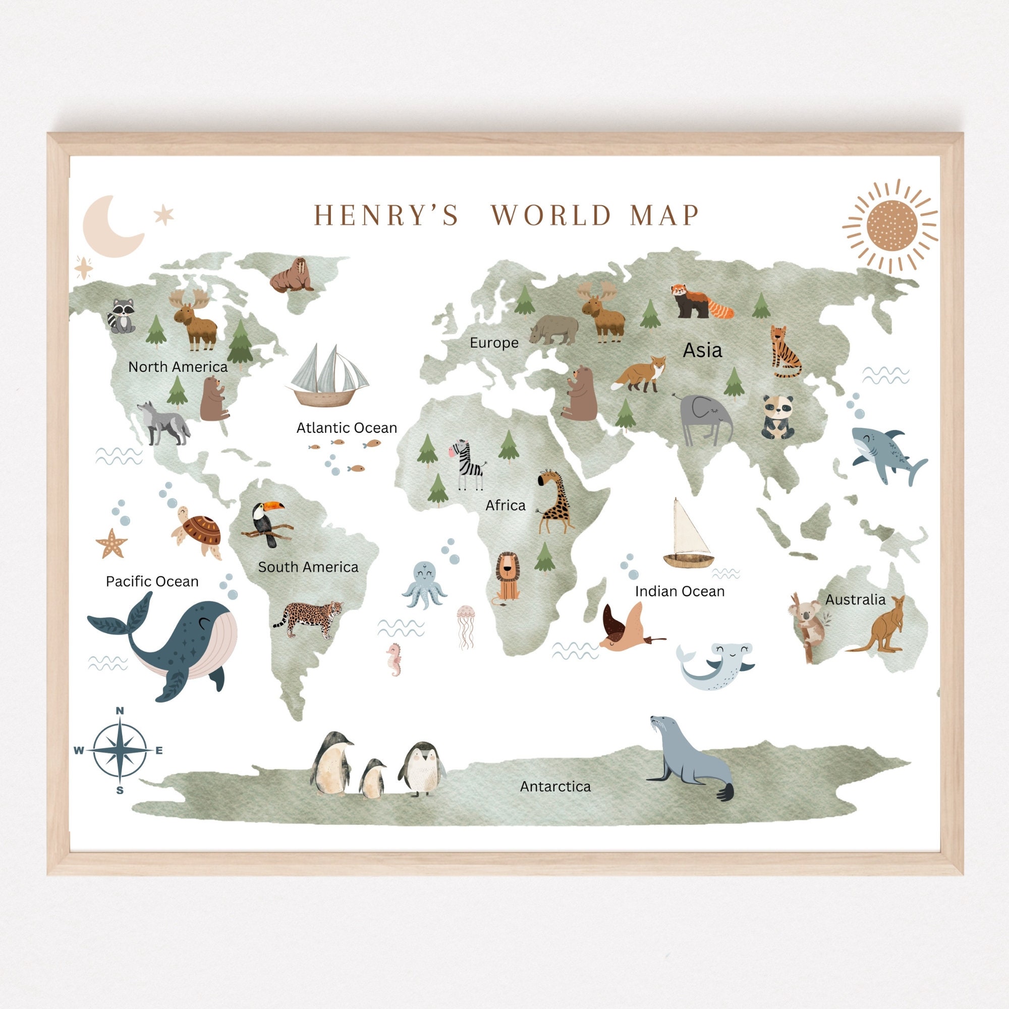 Custom Animal World Map,custom Map Art,kids World Map,world Map Poster ...