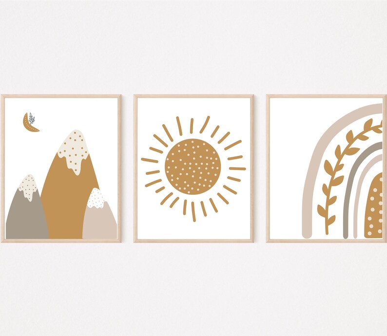 Boho Nursery Print Set of 3,nursery Decor Neutral,rainbow Sun Mountain ...