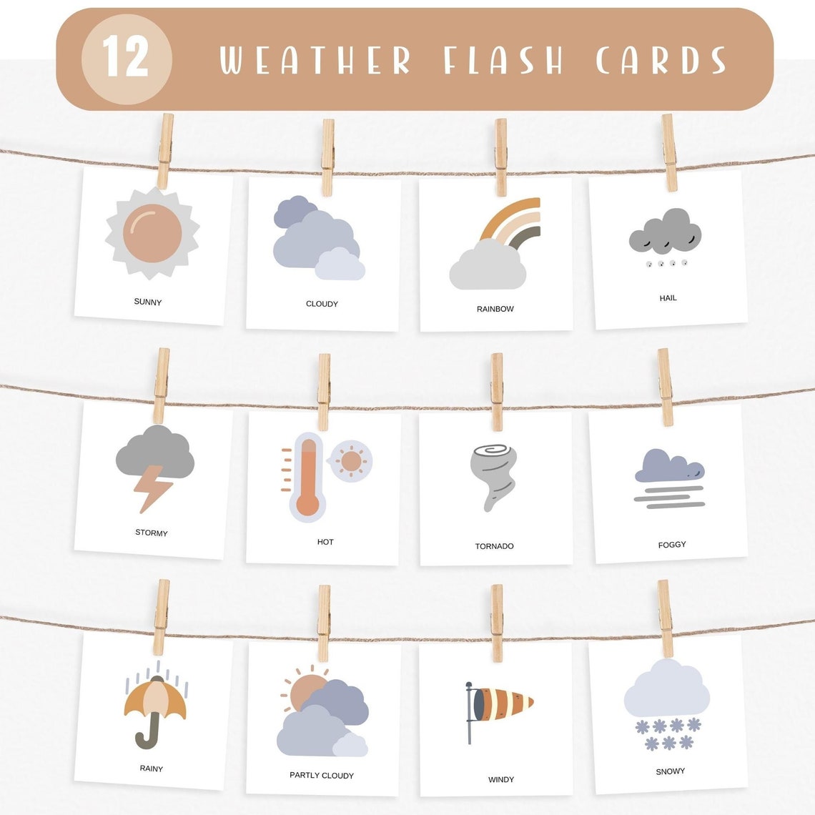 12 Weather Cards,preschool Printables,weather Printable,educational ...