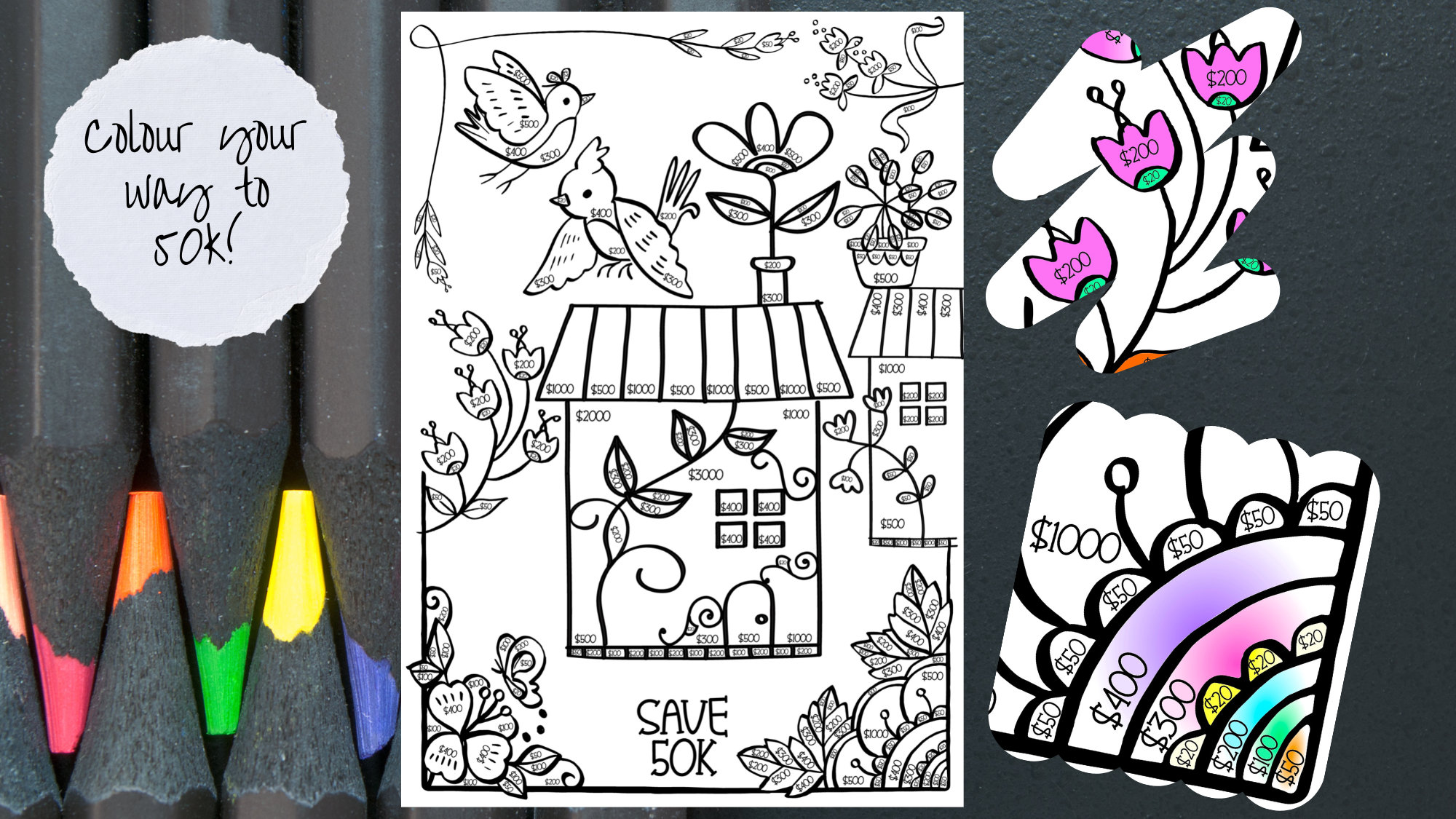 Save 50k While Colouring in a House Savings Tracking Chart | Printable ...