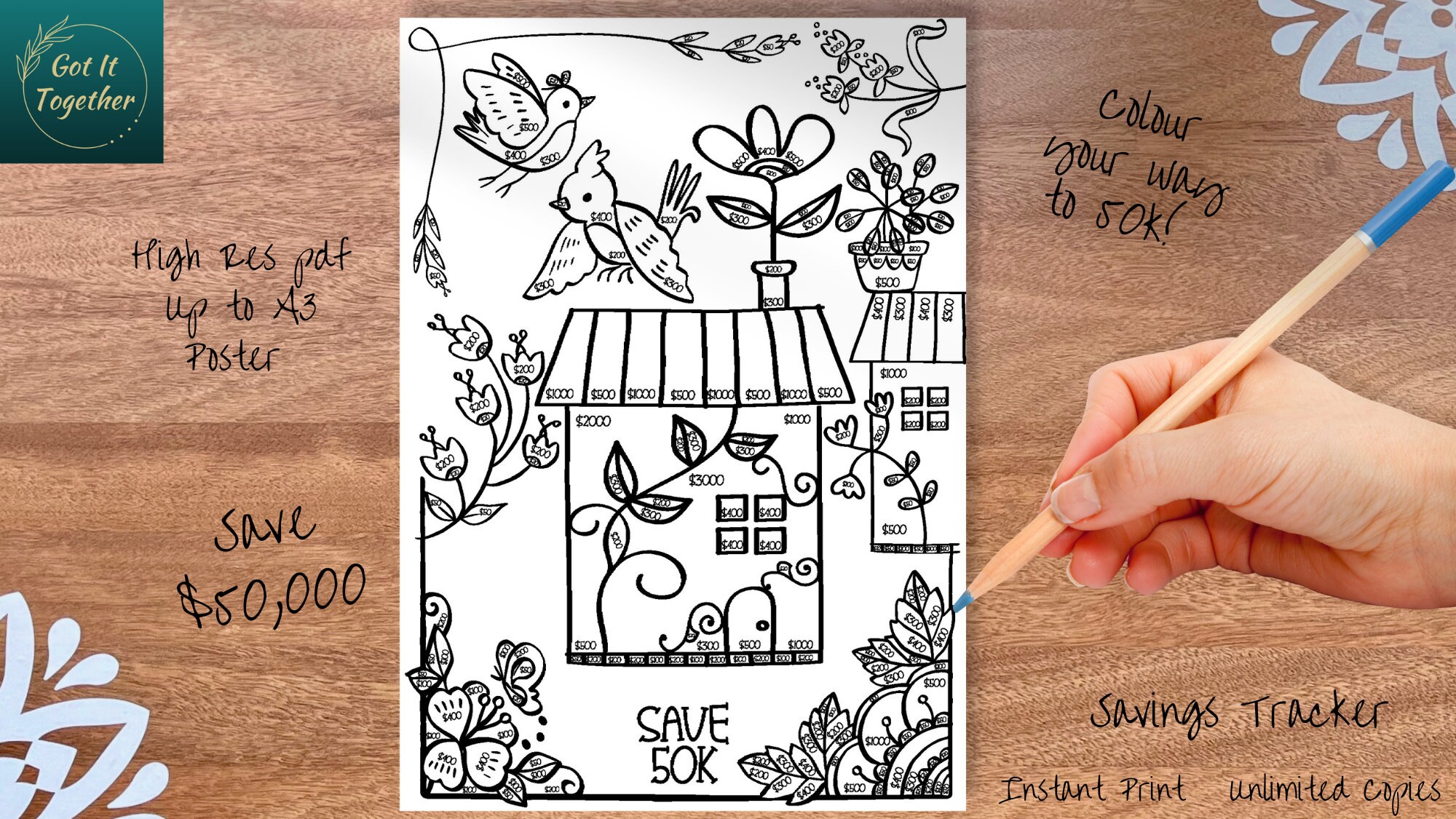 Save 50k While Colouring in a House Savings Tracking Chart | Printable ...