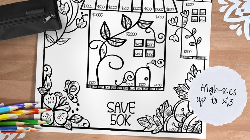 Save 50k While Colouring in a House Savings Tracking Chart | Printable | Colour in | Savings ...