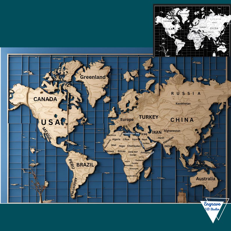 3D World Map Laser Engraved Cut File (digital) - Etsy Australia