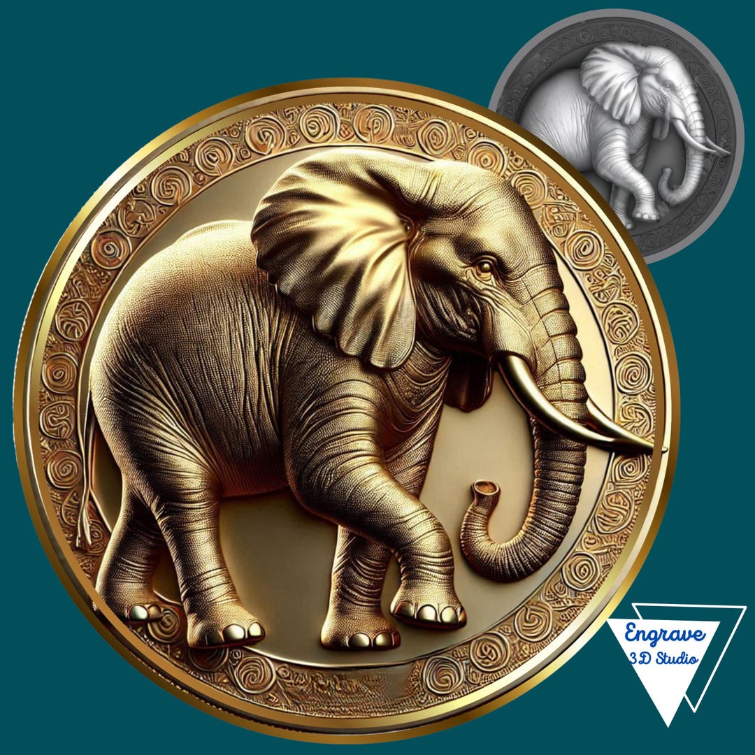 Elephant 3D Laser Engraving File: Depth Map, Brass Coin (digital ...